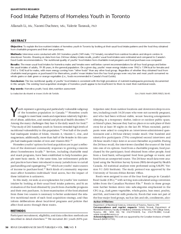 (PDF) Food Intake Patterns of Homeless Youth in Toronto