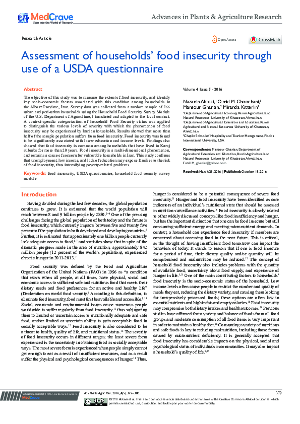 (PDF) Assessment of Households’ Food Insecurity through use of a USDA ...