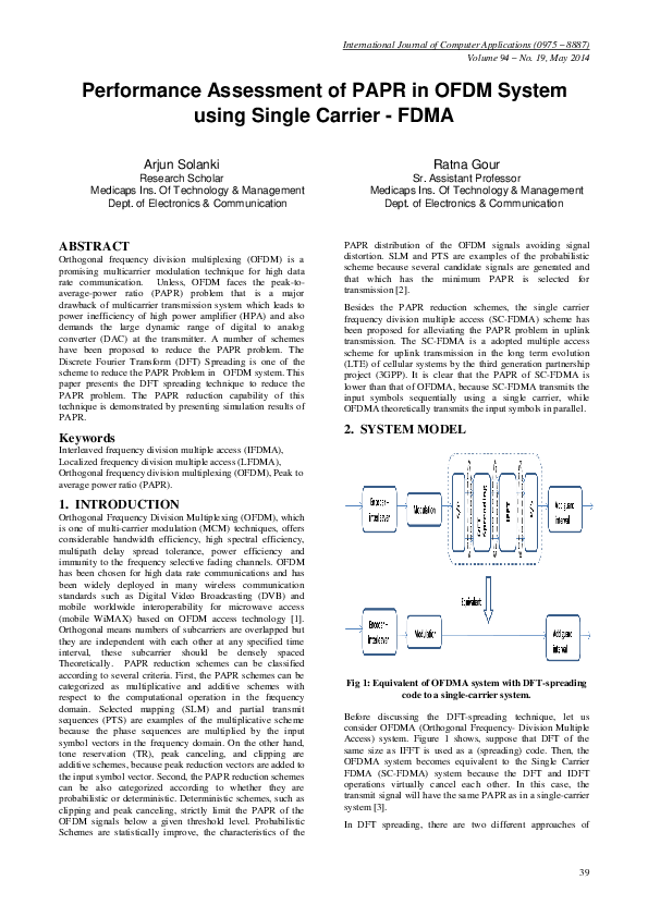 Pdf Performance Assessment Of Papr In Ofdm System Using Single Carrier Fdma