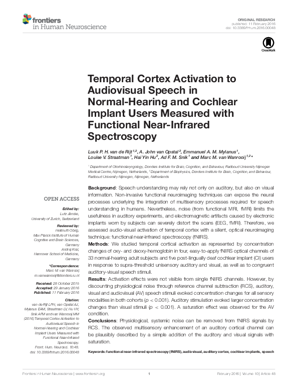 (PDF) Temporal Cortex Activation to Audiovisual Speech in Normal-Hearing and Cochlear Implant ...