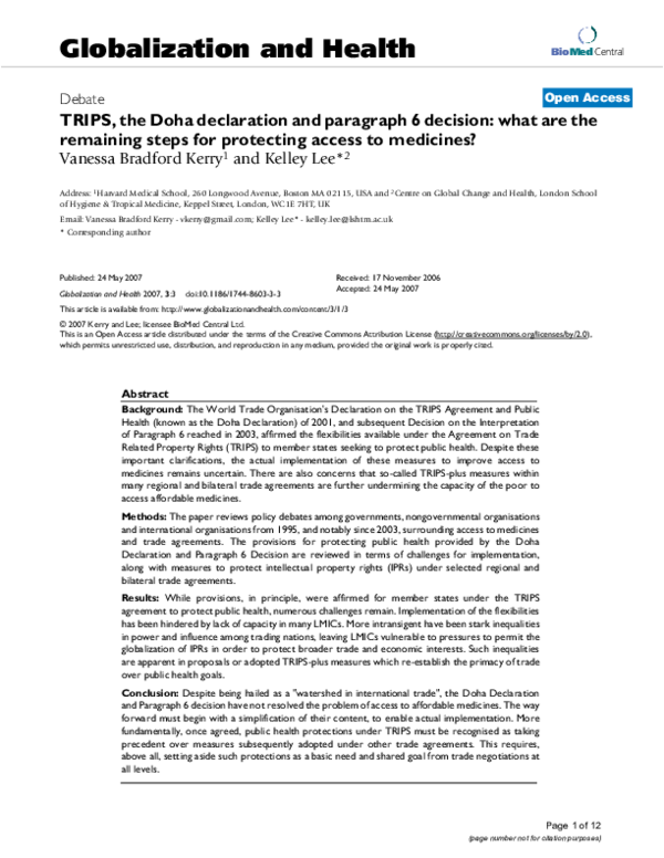 (PDF) TRIPS, the Doha declaration and paragraph 6 decision: what are the remaining steps for ...