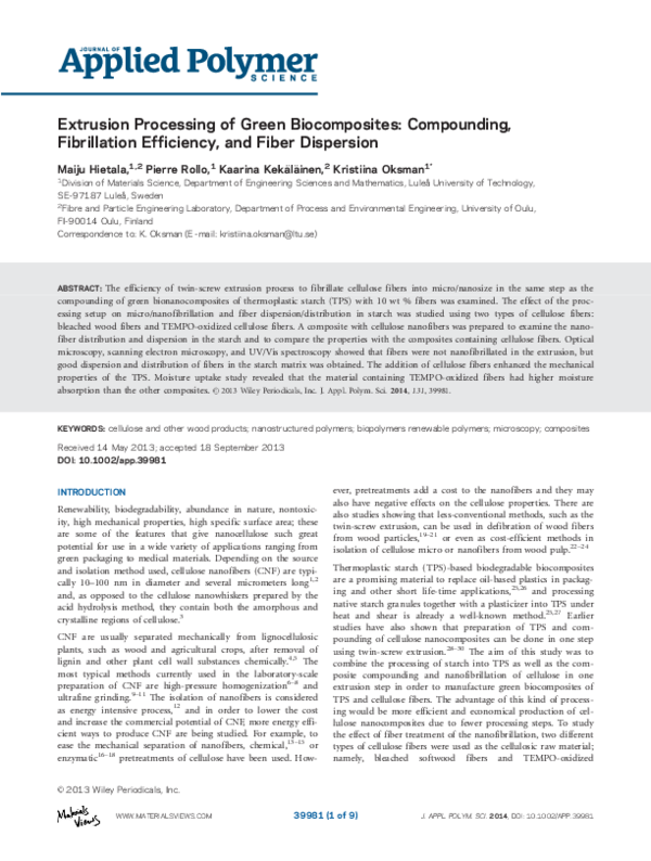 (PDF) Extrusion processing of green biocomposites: Compounding ...