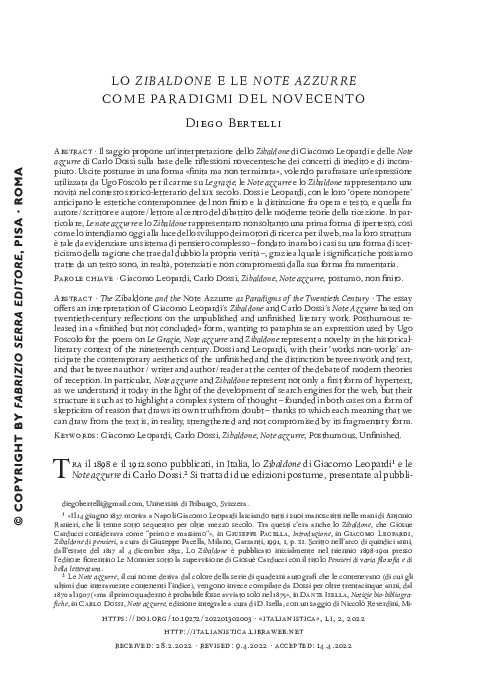 (PDF) Lo Zibaldone e le Note azzurre come paradigmi del Novecento
