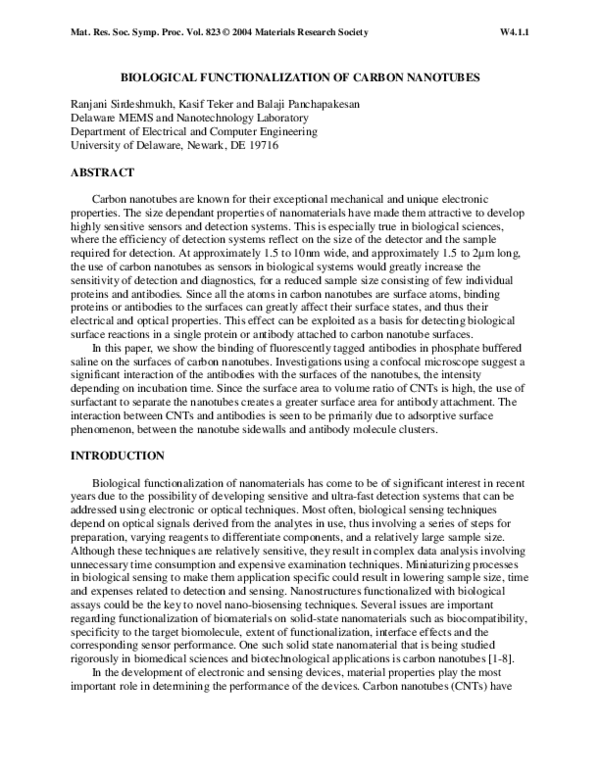 (PDF) Biological Functionalization of Carbon Nanotubes