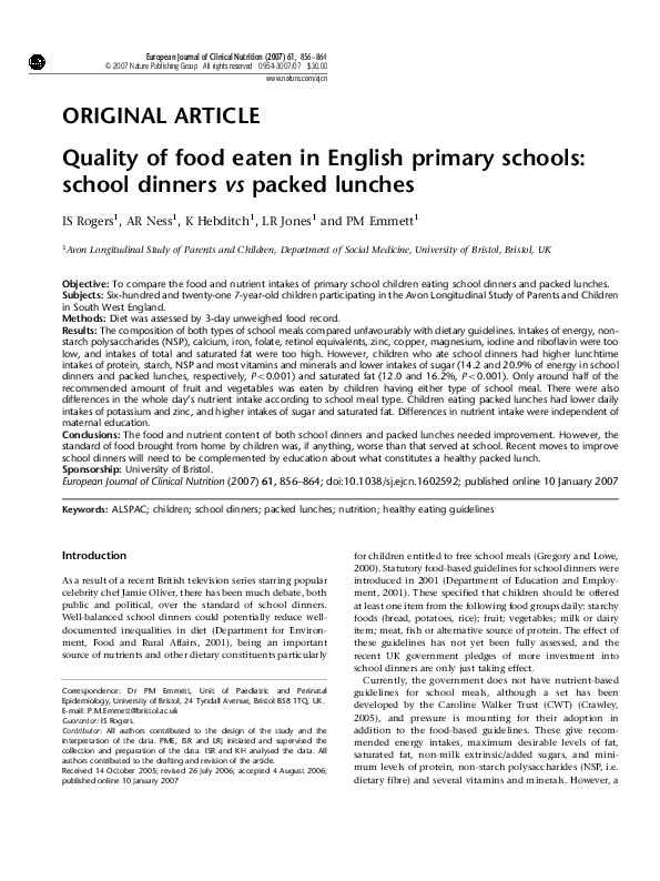 (PDF) Quality of food eaten in English primary schools: school dinners ...