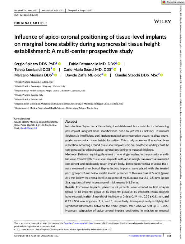 (PDF) Influence of apico‐coronal positioning of tissue‐level implants ...