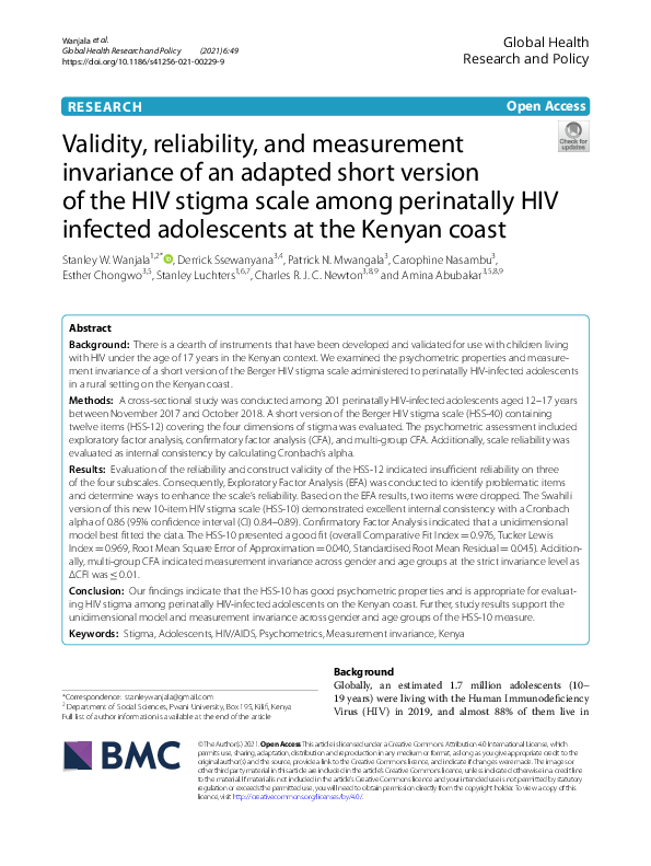 (PDF) Validity, reliability, and measurement invariance of an adapted ...