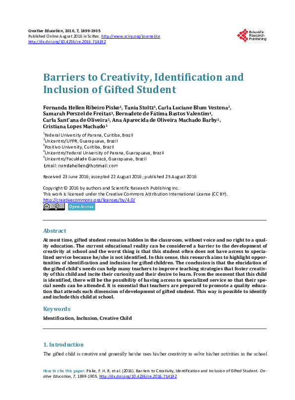 (PDF) Barriers to Creativity, Identification and Inclusion of Gifted Student
