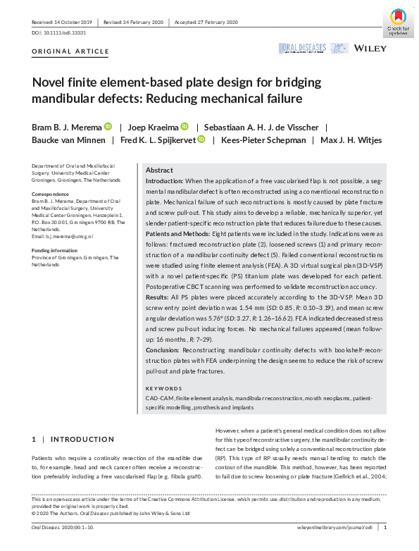 (PDF) Novel finite element‐based plate design for bridging mandibular defects: Reducing ...