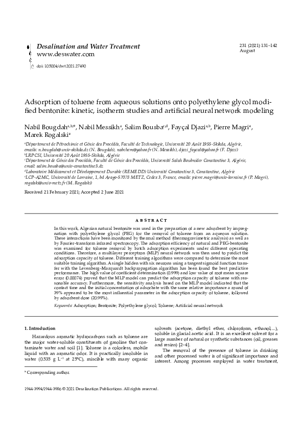 (PDF) Adsorption of toluene from aqueous solutions onto polyethylene glycol (PEG) modified ...