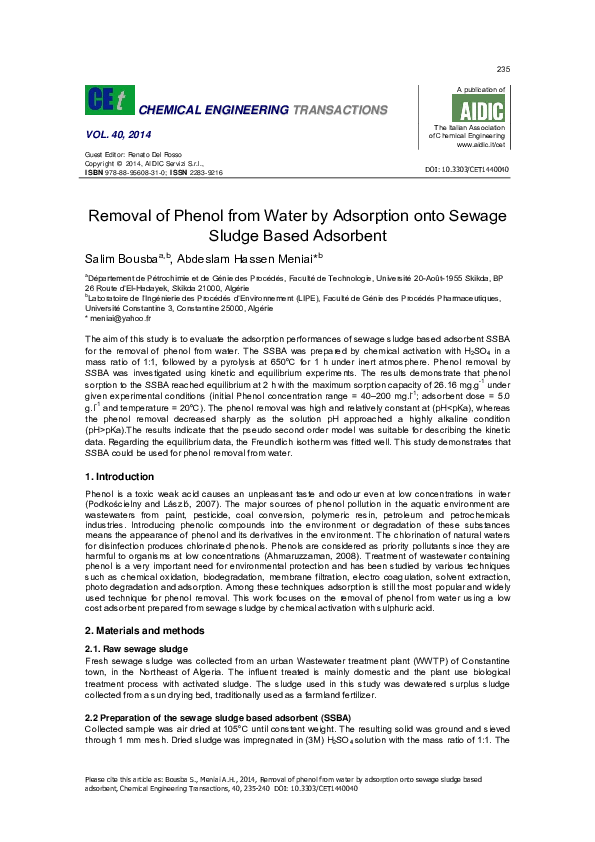 (PDF) Removal of Phenol from Water by Adsorption onto Sewage Sludge ...