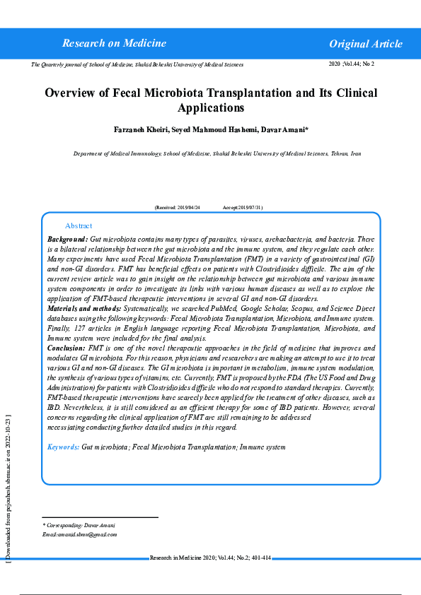 (PDF) Overview of Fecal Microbiota Transplantation and Its Clinical Applications | Davar Amani ...