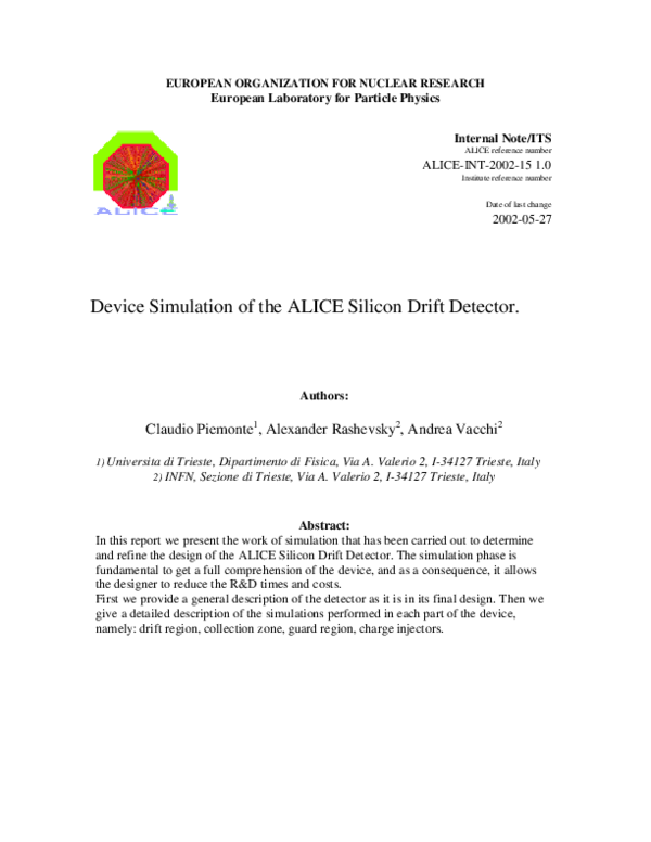 Pdf Device Simulation Of The Alice Silicon Drift Detector