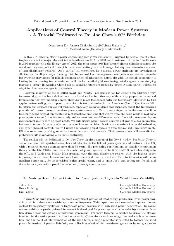 (PDF) Applications of Control Theory in Modern Power Systems - A Tutorial Dedicated to Dr. Joe ...
