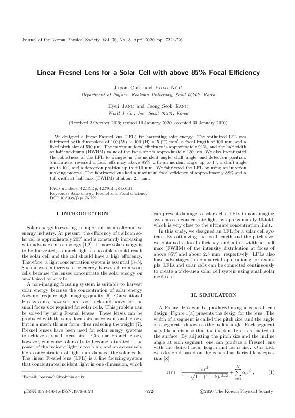 (PDF) Linear Fresnel Lens for a Solar Cell with above 85% Focal Efficiency