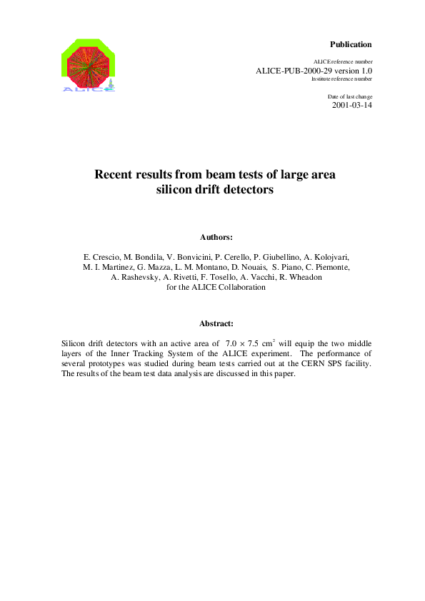 (PDF) Recent results from beam tests of large area silicon drift detectors (PDF) Recent results from beam tests of large area silicon drift detectors