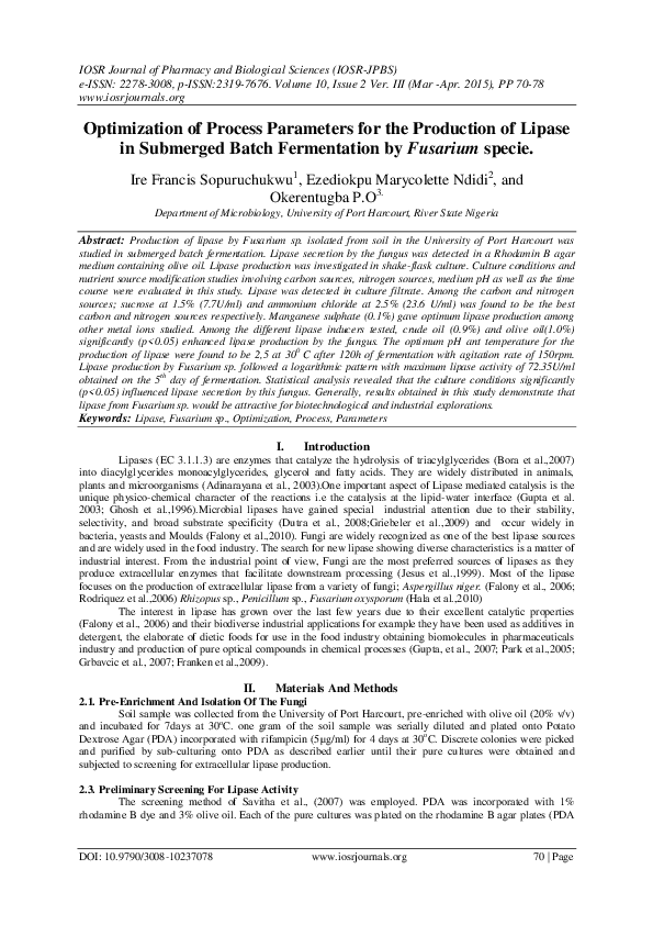 Pdf Optimization Of Process Parameters For The Production Of Lipase In Submerged Batch