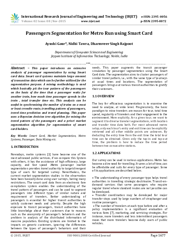 (PDF) Passengers Segmentation for Metro Run using Smart Card