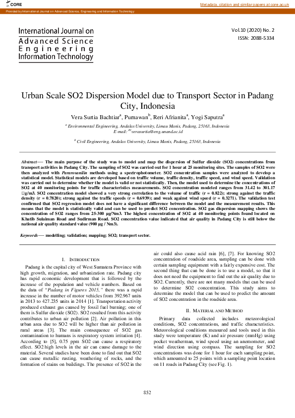 (PDF) Urban Scale SO2 Dispersion Model due to Transport Sector in ...