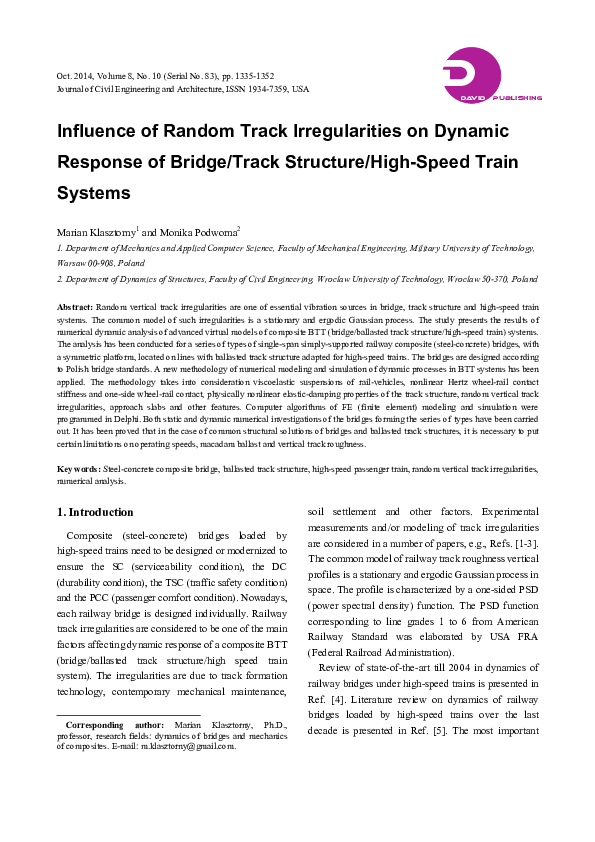 (PDF) Influence of Random Track Irregularities on Dynamic Response of Bridge/Track Structure ...