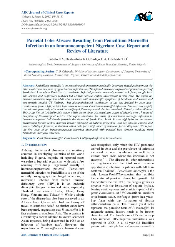 (PDF) Parietal Lobe Abscess Resulting from Penicillium Marneffei ...