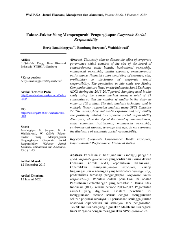 (PDF) Faktor-Faktor Yang Mempengaruhi Pengungkapan Corporate Social Responsibility