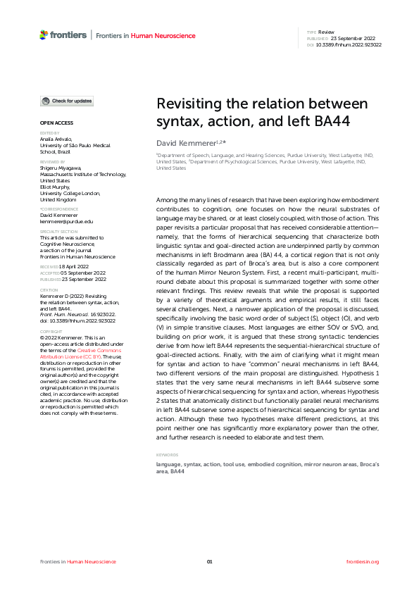 (PDF) Revisiting the relation between syntax, action, and left BA44