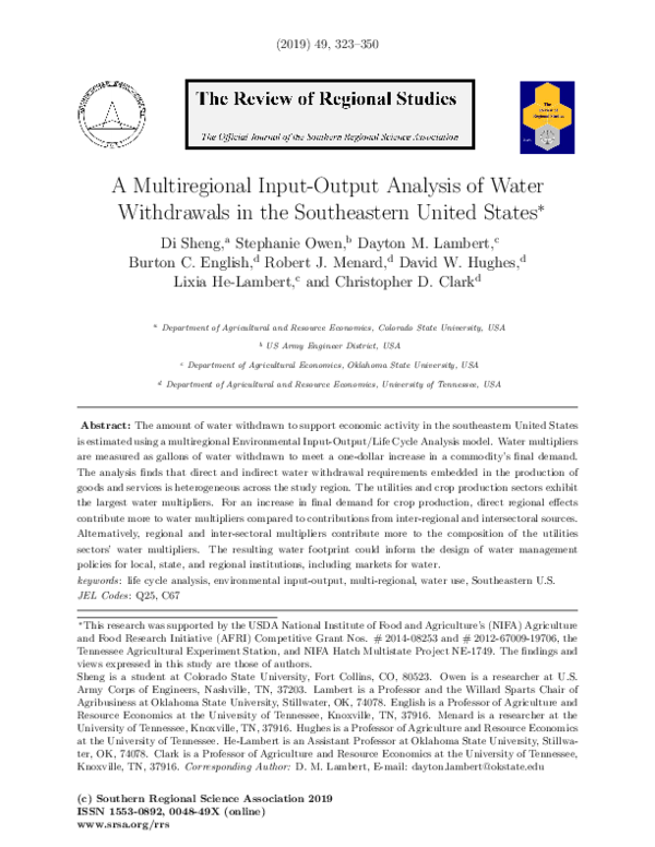 Pdf A Multiregional Input Output Analysis Of Water Withdrawals In The Southeastern United States