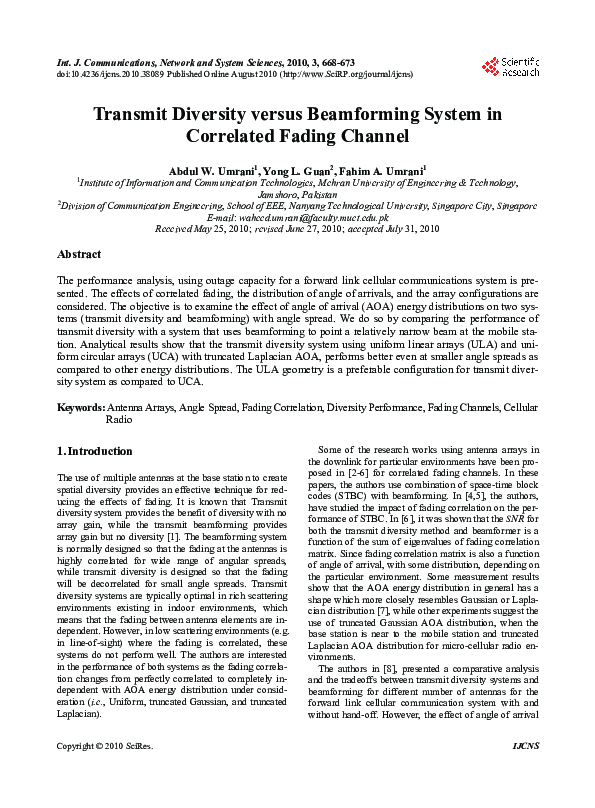 (PDF) Transmit Diversity versus Beamforming System in Correlated Fading ...