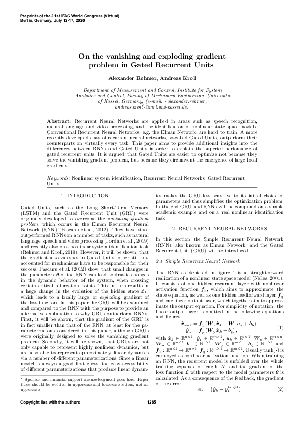 Pdf On The Vanishing And Exploding Gradient Problem In Gated Recurrent Units