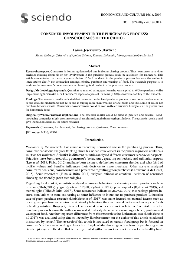 (PDF) Consumer Involvement in the Purchasing Process: Consciousness of the Choice