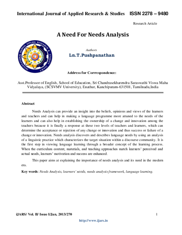 (PDF) A Need For Needs Analysis