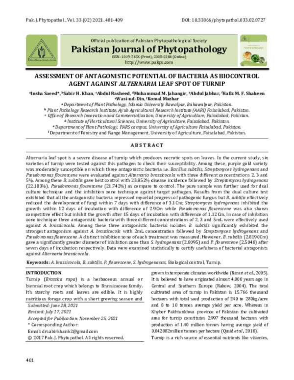 (PDF) Assessment of Antagonistic Potential of Bacteria as Biocontrol Agent Against Alternaria ...