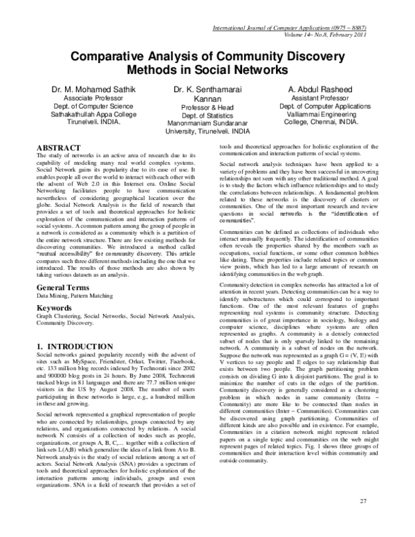 (PDF) Comparative analysis of community discovery methods in social ...