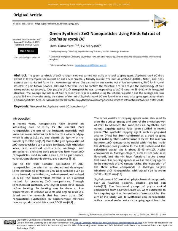 (PDF) Green Synthesis ZnO Nanoparticles Using Rinds Extract of Sapindus rarak DC | Evi Maryanti ...