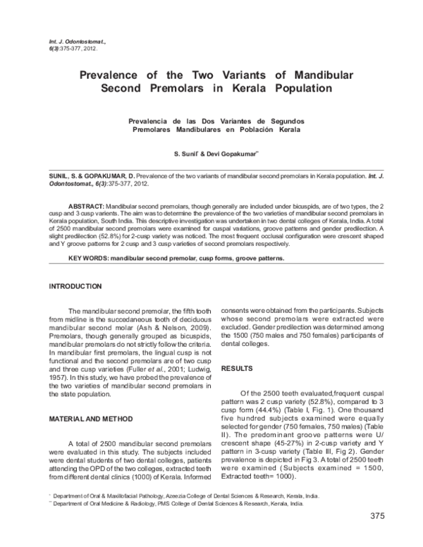 (PDF) Prevalence of the Two Variants of Mandibular Second Premolars in ...