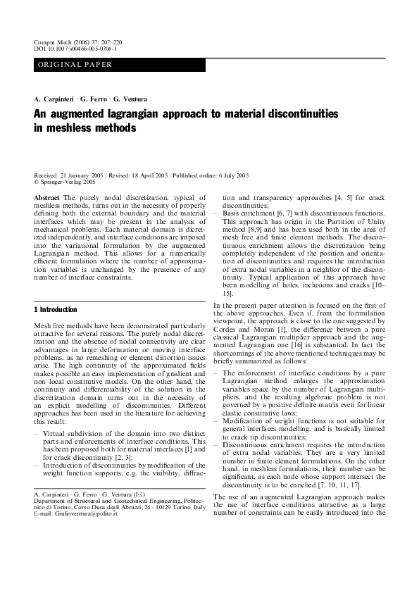 (PDF) An augmented lagrangian approach to material discontinuities in meshless methods