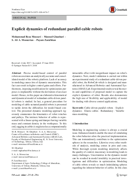 (PDF) Explicit dynamics of redundant parallel cable robots