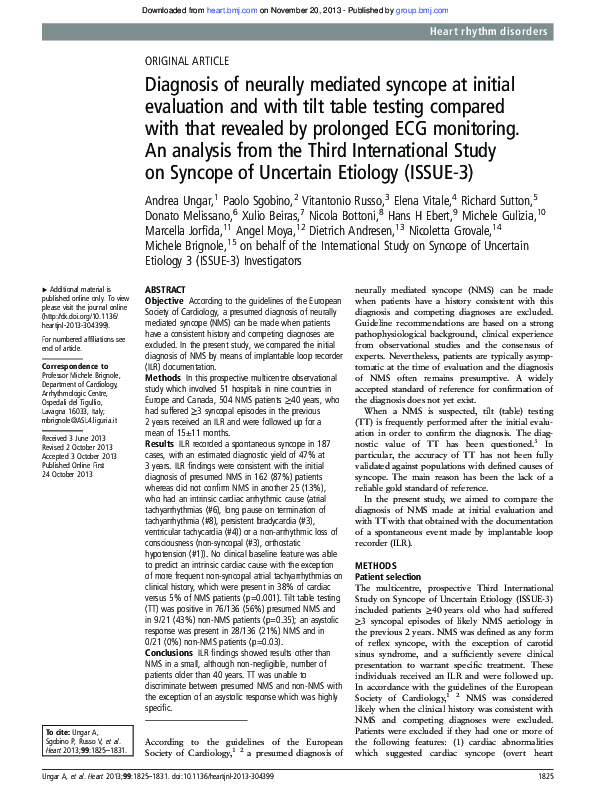 (PDF) Diagnosis of neurally mediated syncope at initial evaluation and ...