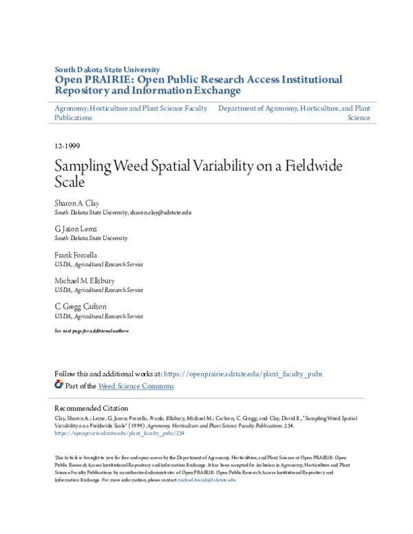 (PDF) Sampling weed spatial variability on a fieldwide scale | Sharon ...