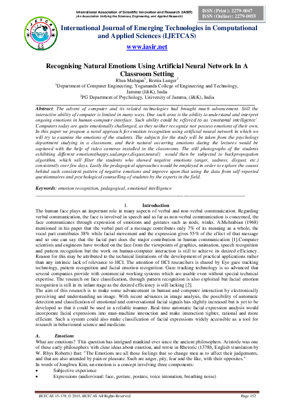 (PDF) Recognising Natural Emotions Using Artificial Neural Network In A Classroom Setting ...