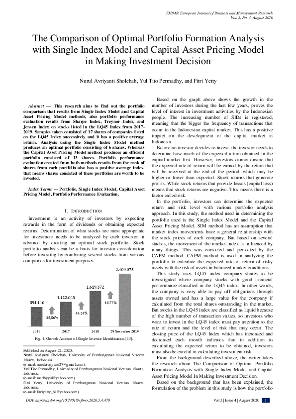 (PDF) The Comparison of Optimal Portfolio Formation Analysis with Single Index Model and Capital ...
