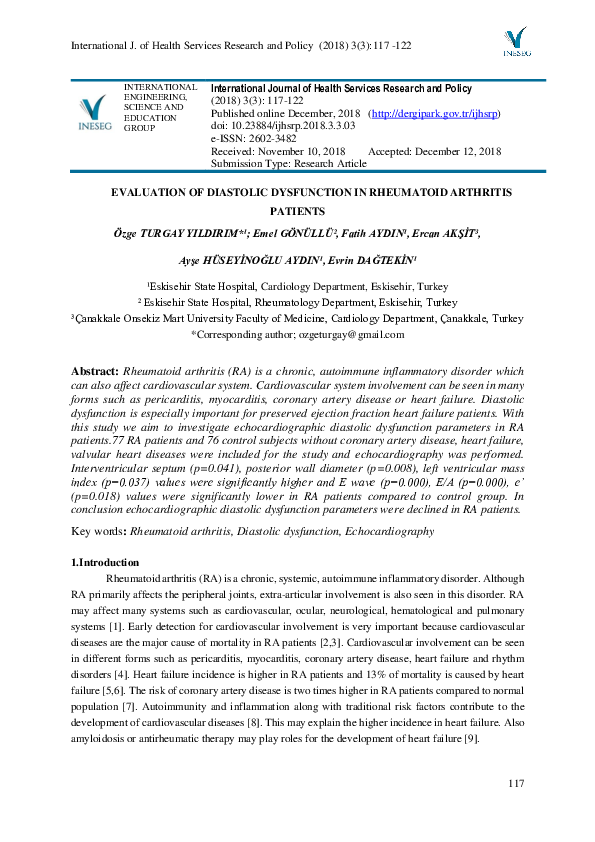 (PDF) Evaluation of Diastolic Dysfunction in Rheumatoid Arthritis Patients