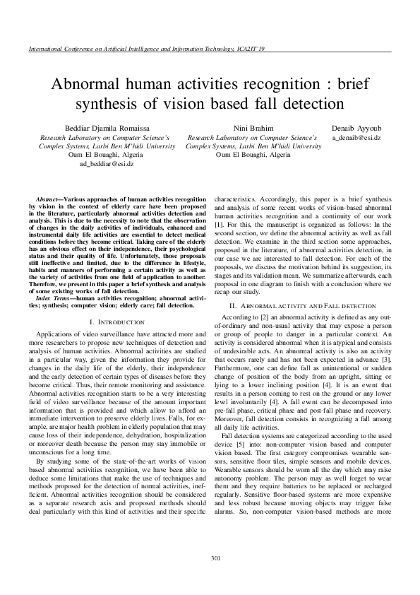 (PDF) Abnormal human activities recognition : brief synthesis of vision based fall detection
