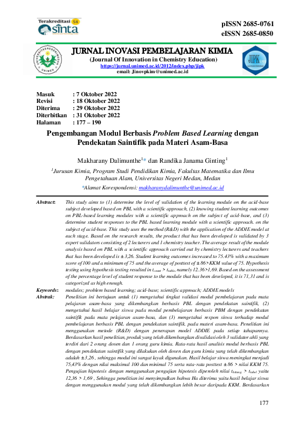 (PDF) Pengembangan Modul Berbasis Problem Based Learning dengan Pendekatan Saintifik pada Materi ...