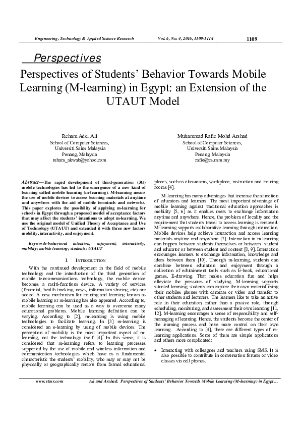 (PDF) Perspectives of Students’ Behavior Towards Mobile Learning (M-learning) in Egypt: an ...