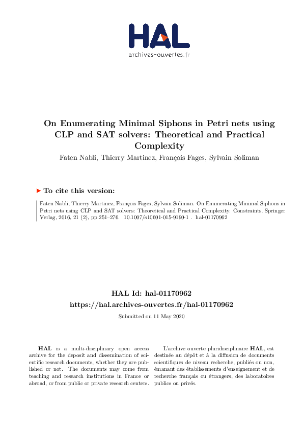 (PDF) On enumerating minimal siphons in Petri nets using CLP and SAT solvers: theoretical and ...