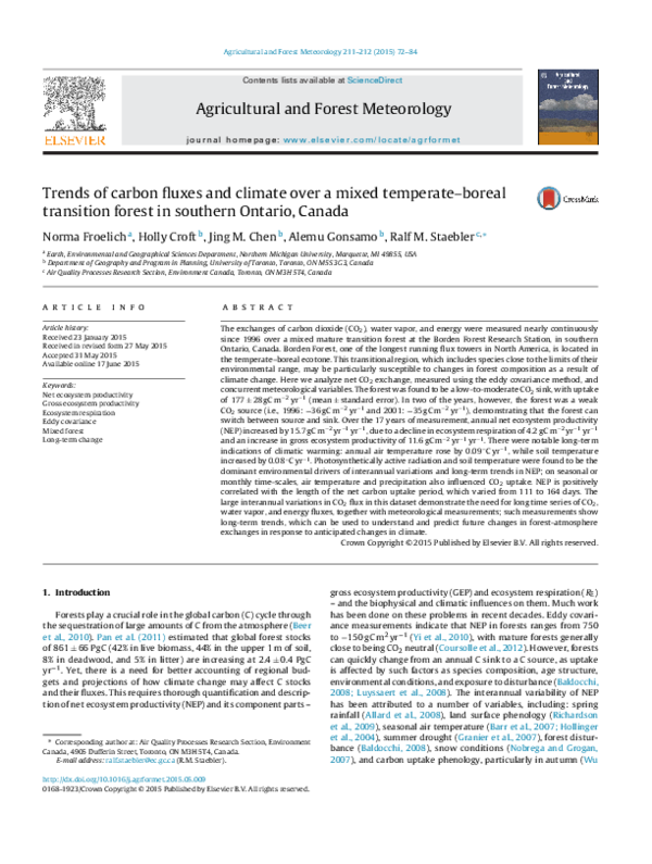 (PDF) Trends of carbon fluxes and climate over a mixed temperate–boreal transition forest in ...