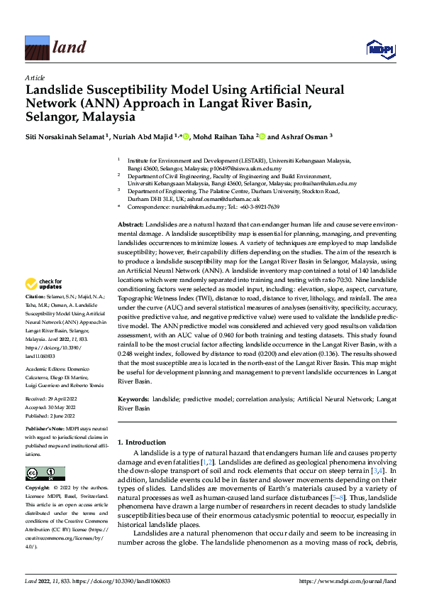 (PDF) Landslide Susceptibility Model Using Artificial Neural Network (ANN) Approach in Langat ...