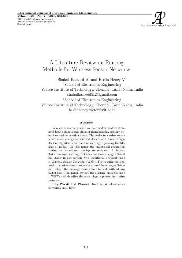 Pdf A Literature Review On Routing Methods For Wireless Sensor